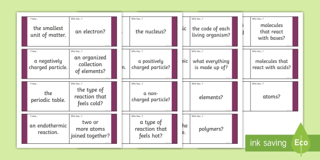 Chemistry I Have, Who Has Game (teacher made)