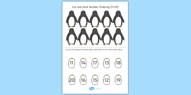 Cut and Stick Number Ordering Penguin Activity 11-20 - number