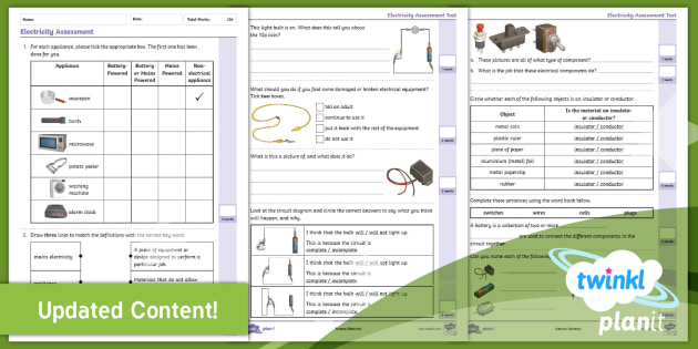 Science: Electricity: Year 4 Assessment Test (teacher made)Science: