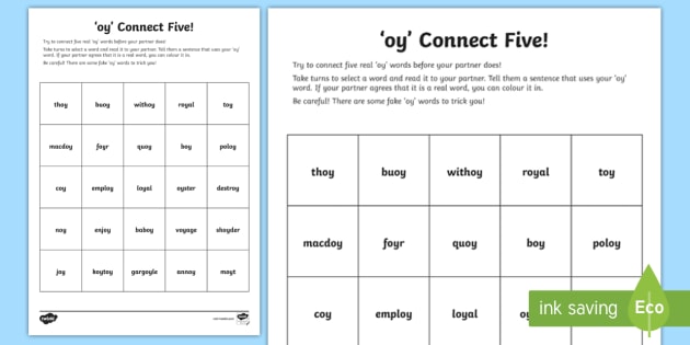 'oy' Sound Connect Five Worksheet (teacher made)