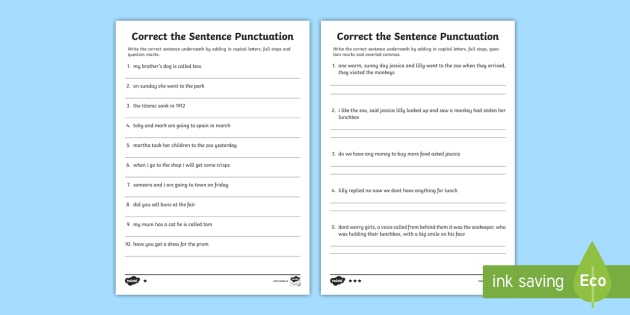 Correct the Sentence Punctuation Worksheets