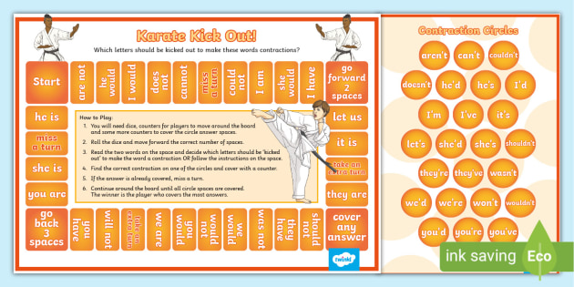 Karate Kick Out! Contractions Board Game For Year 3