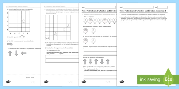 Year 2 Maths Geometry Position and Direction Assessment 2