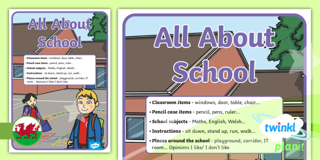 Learn Welsh: All About School: Book Cover (teacher made)