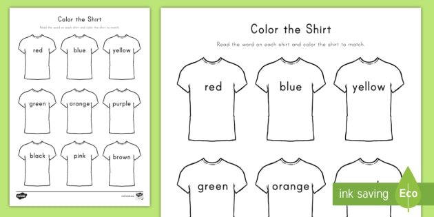 Color the T-Shirt Worksheet / Activity Sheet - Color Words, Sight Words