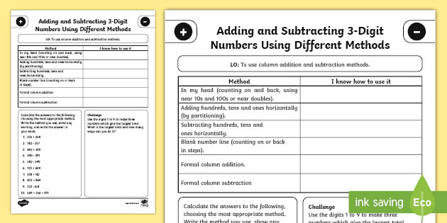 FREE! - Adding, Subtracting Using Different Methods Worksheet Year 3