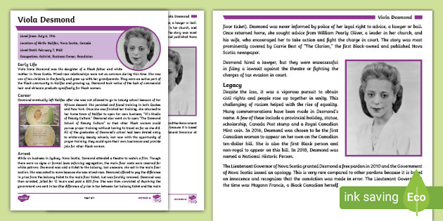 Viola Desmond - Remarkable Canadian Fact File (teacher made)