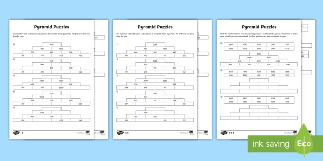 LKS2 Differentiated Missing Number Addition Pyramid Worksheets
