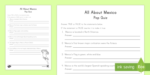 All About Mexico Pop Quiz Worksheet / Worksheet - Cinco de Mayo Worksheets.