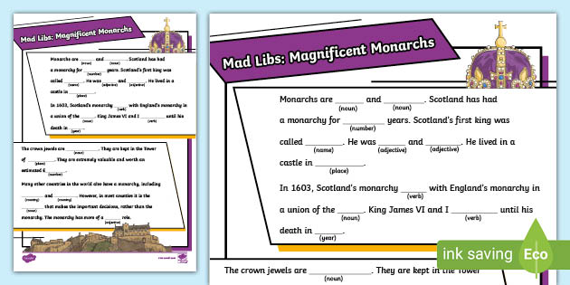 Mad Libs Magnificent Monarchs (teacher made)