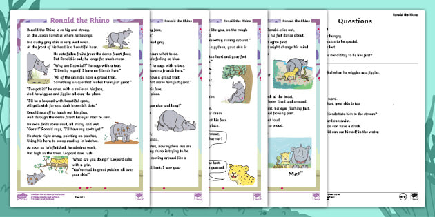 Ronald the Rhino | Reading Comprehension Year 2 Activity