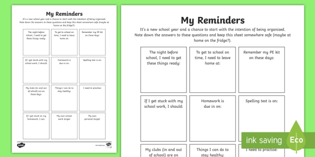 Year 6 Back to School My Reminders Worksheet / Worksheet