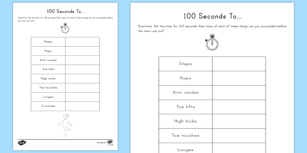 100th Day in 100 Seconds PE Worksheet - 100th Day of School, data ...