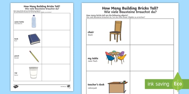 How Many Building Bricks Tall? Worksheet / Worksheet English/German