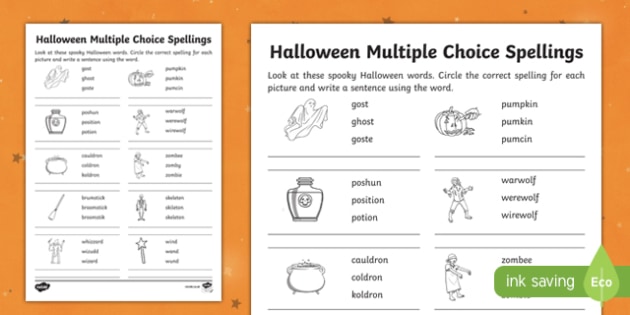 Halloween Multiple Choice Spooky Spellings Worksheet