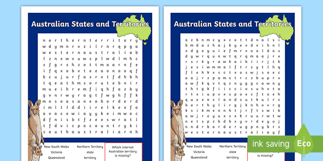 Australian States and Territories Vocabulary Word Search