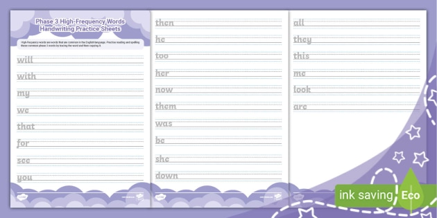 Phase 3 High-Frequency Words Handwriting Practice Sheets