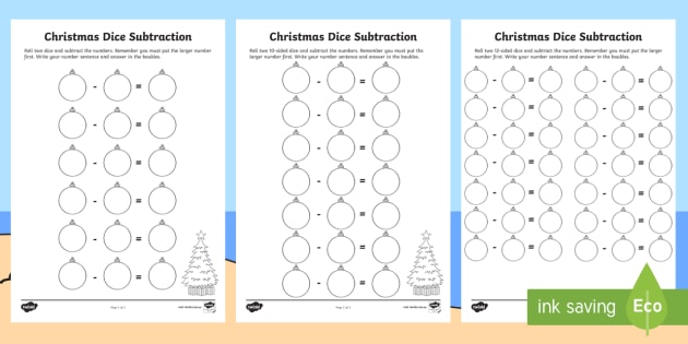 Christmas Dice Subtraction Worksheets | Grade 1–2 Resources