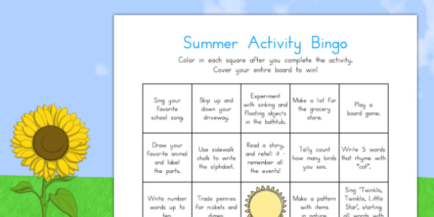 Summer Break Activity Bingo - usa, america, summer break, activity, bingo