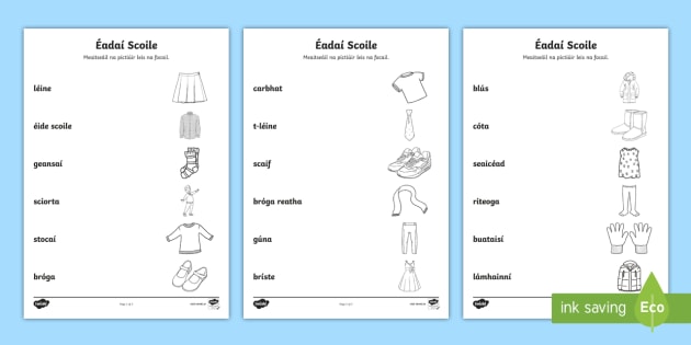 School Clothes Matching Clothes and Pictures Gaeilge Worksheets - Gaeilge
