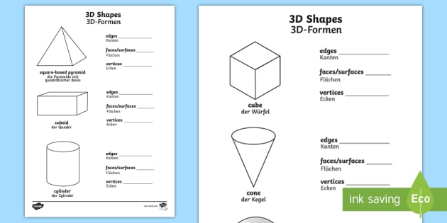 3D Shape Properties Worksheet / Worksheets English/German