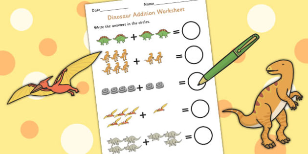 Dinosaur Themed Addition to 10 Worksheet (teacher made)