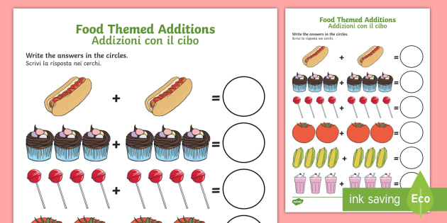 Food Themed Addition Sheet English/Italian - Food Themed Addition Sheet
