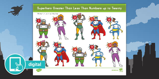 Superhero Greater Than Less Than Numbers up to Twenty Activity