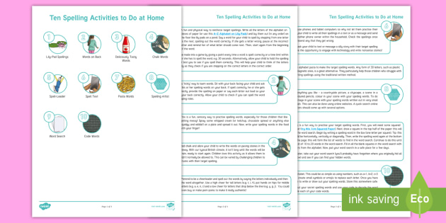 Ten Spelling Activities to Do at Home Checklist