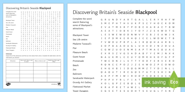 Britain's Seaside: Blackpool Word Search (teacher made)