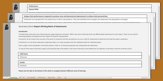 Dance Teacher Report Bank of Statements | Beyond Secondary
