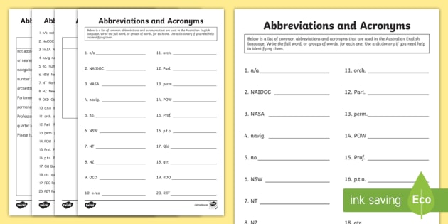 Abbreviations and Acronyms Set 4 Worksheet / Worksheet