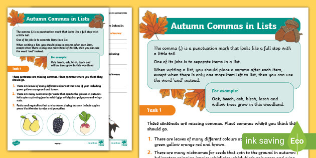 Commas in Lists Activity Sheets Autumn (teacher made)