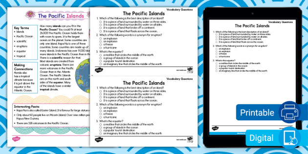 Second Grade Pacific Islands Fact File and Vocabulary Questions