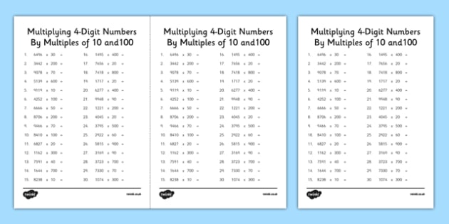 Multiplying 4 Digit Numbers By Multiples Of 10 And 100 Worksheets