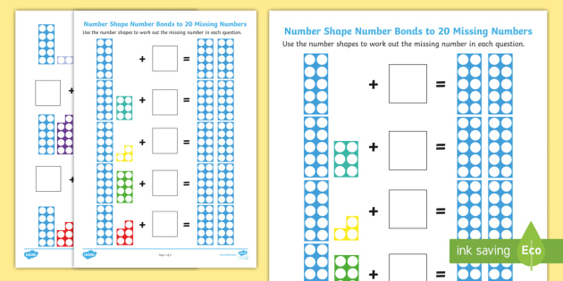 Number Shapes Number Bonds to 20 Missing Numbers Activity Sheets