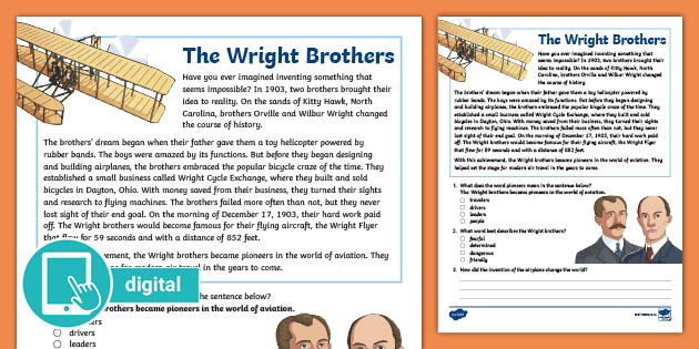 Fifth Grade The Wright Brothers Reading Passage Comprehension Activity