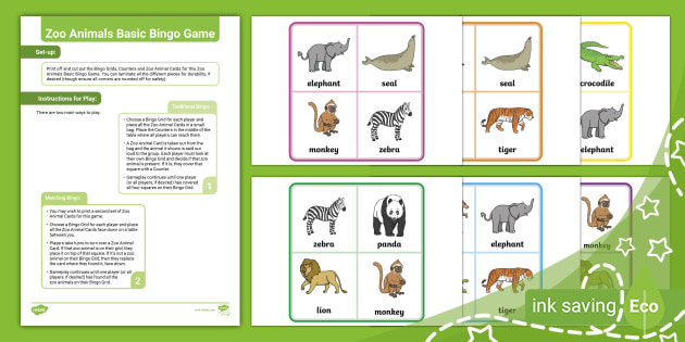Zoo Animals Basic Bingo Game