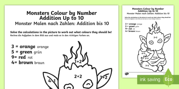 Monster Colour by Number Addition to 10 Activity English/German