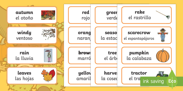 Autumn Topic Word Cards English/Spanish