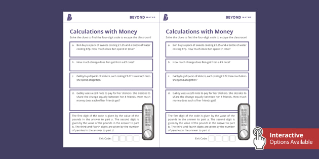 Escape the Room: Calculations with Money Exit Ticket