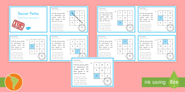 Secret Addition Number Paths Challenge Cards English/Spanish - Secret ...