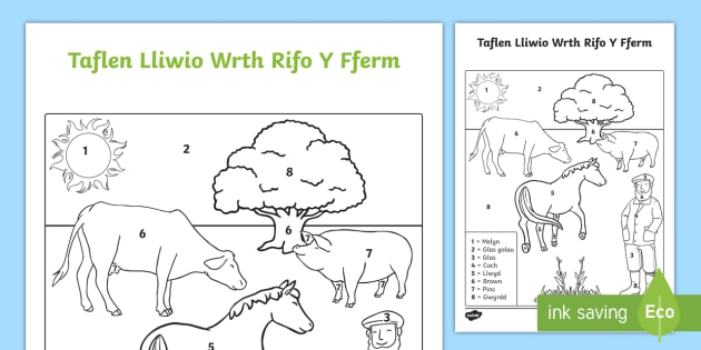 Farm-Themed Welsh Colour by Numbers (Teacher Made) - Twinkl