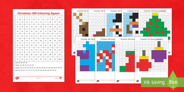 Christmas Colour By Numbers - 100 Square - 12 Days of Christmas
