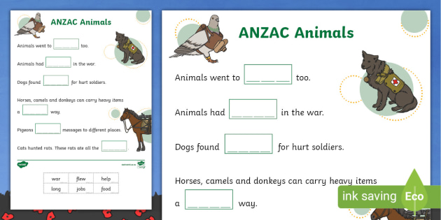 ANZAC Animal Cut and Paste Cloze Activity - Year 0-2