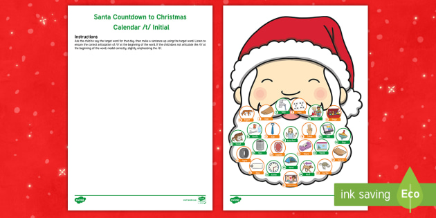 Santa Countdown to Christmas Calendar /t/ Initial Worksheet