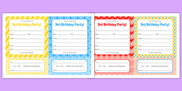 3rd Birthday Party Invitations (teacher made)