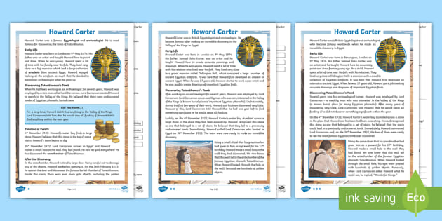 Archaeologist Howard Carter Differentiated Reading Comprehension Activity