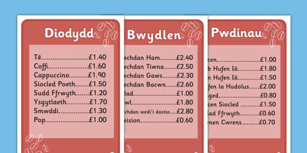 Individual Cafe Menus (Welsh Translation) (teacher made)