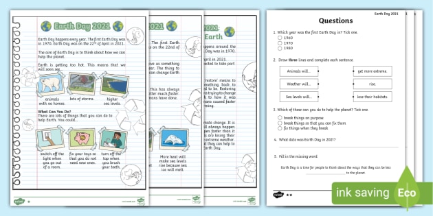 KS1 Earth Day 2021: Restore Our Earth Differentiated Reading Comprehension
